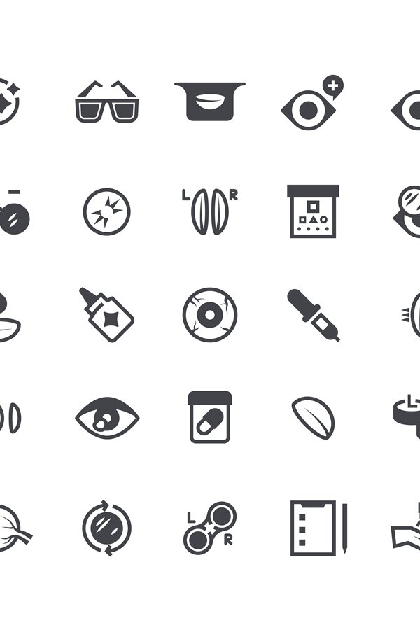 Eye problems, optical contact lens and eyeglasses icons. Eye