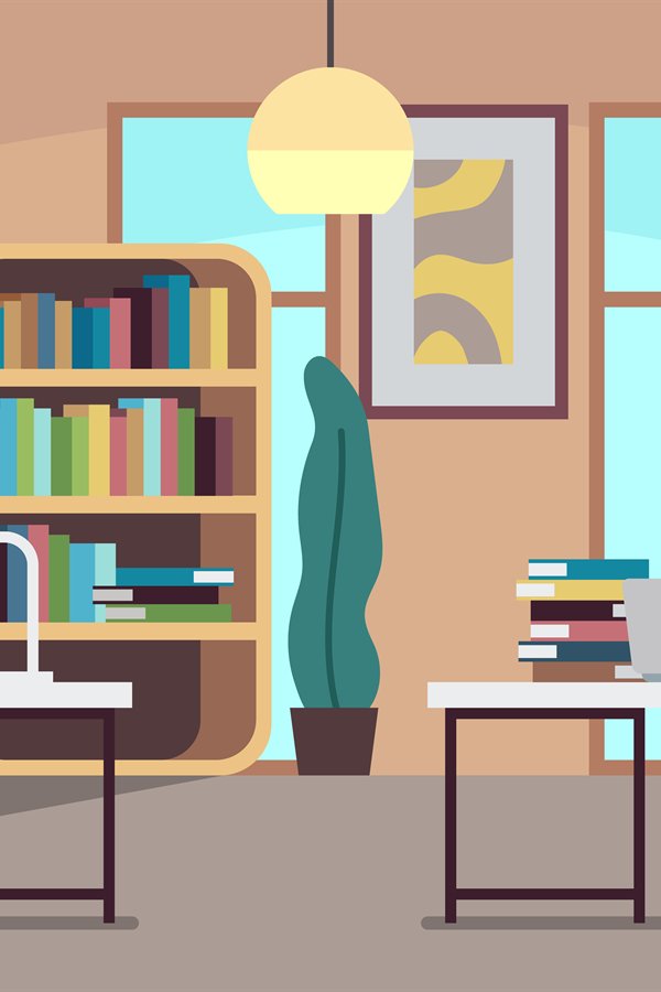 Library. Public reading room with bookcase, bookshelves, woo