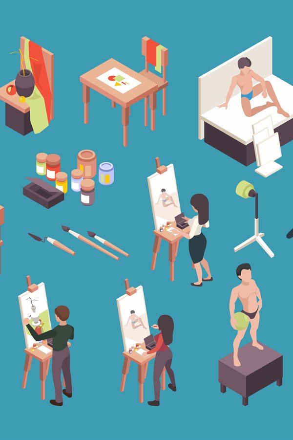 Artist accessories. People painters making picture with brus