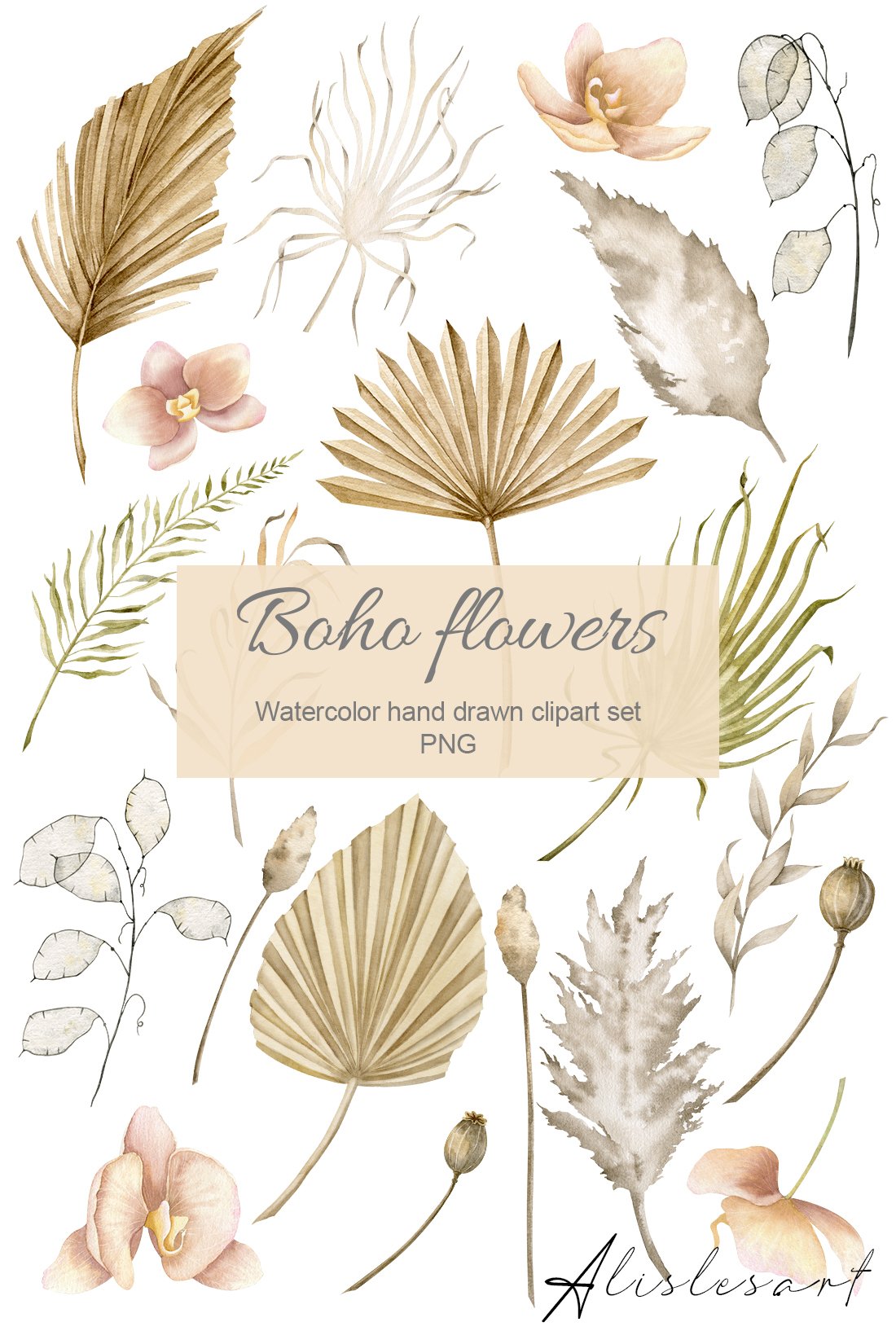 Boho flowers watercolor clipart| Floral bohemian set