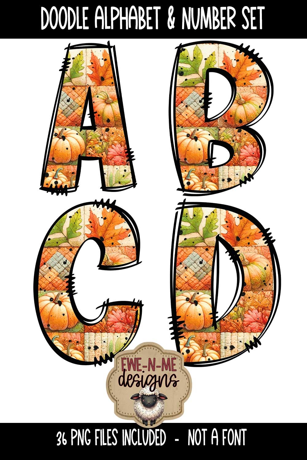 Fall Patchwork Doodle Alphabet and Numbers |PNG Files