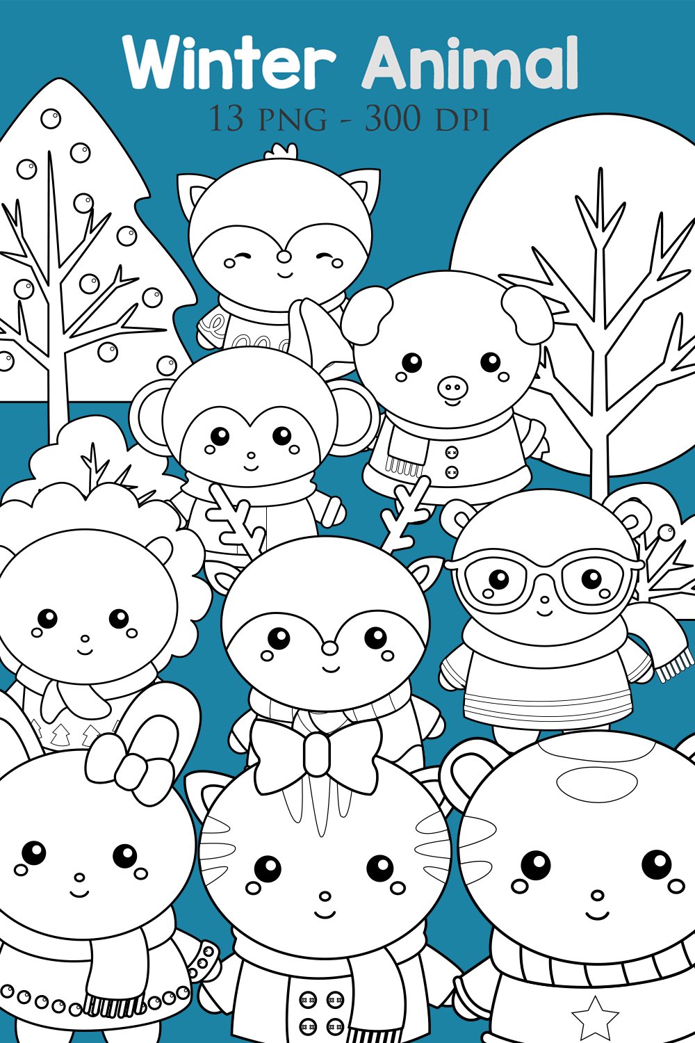 Winter Animal Cartoon Holiday Season Digital Stamp Outline