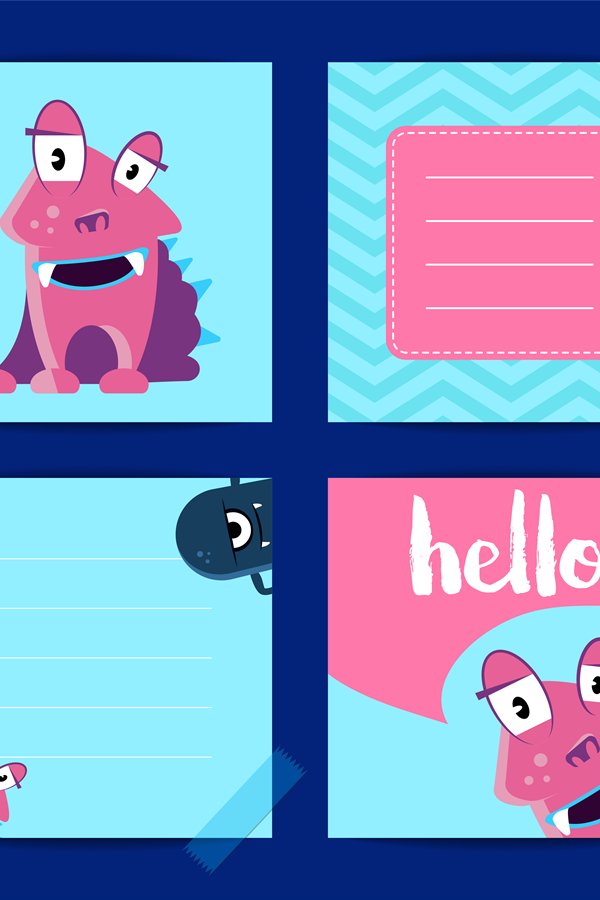 Vector pinned square note cards with cute monsters with lett