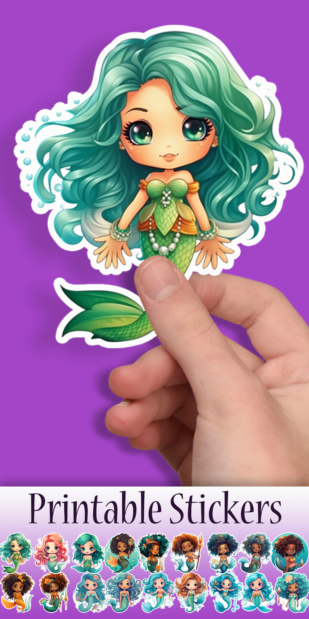 Cute Mermaid Stickers Printable | 60 Chibi Designs