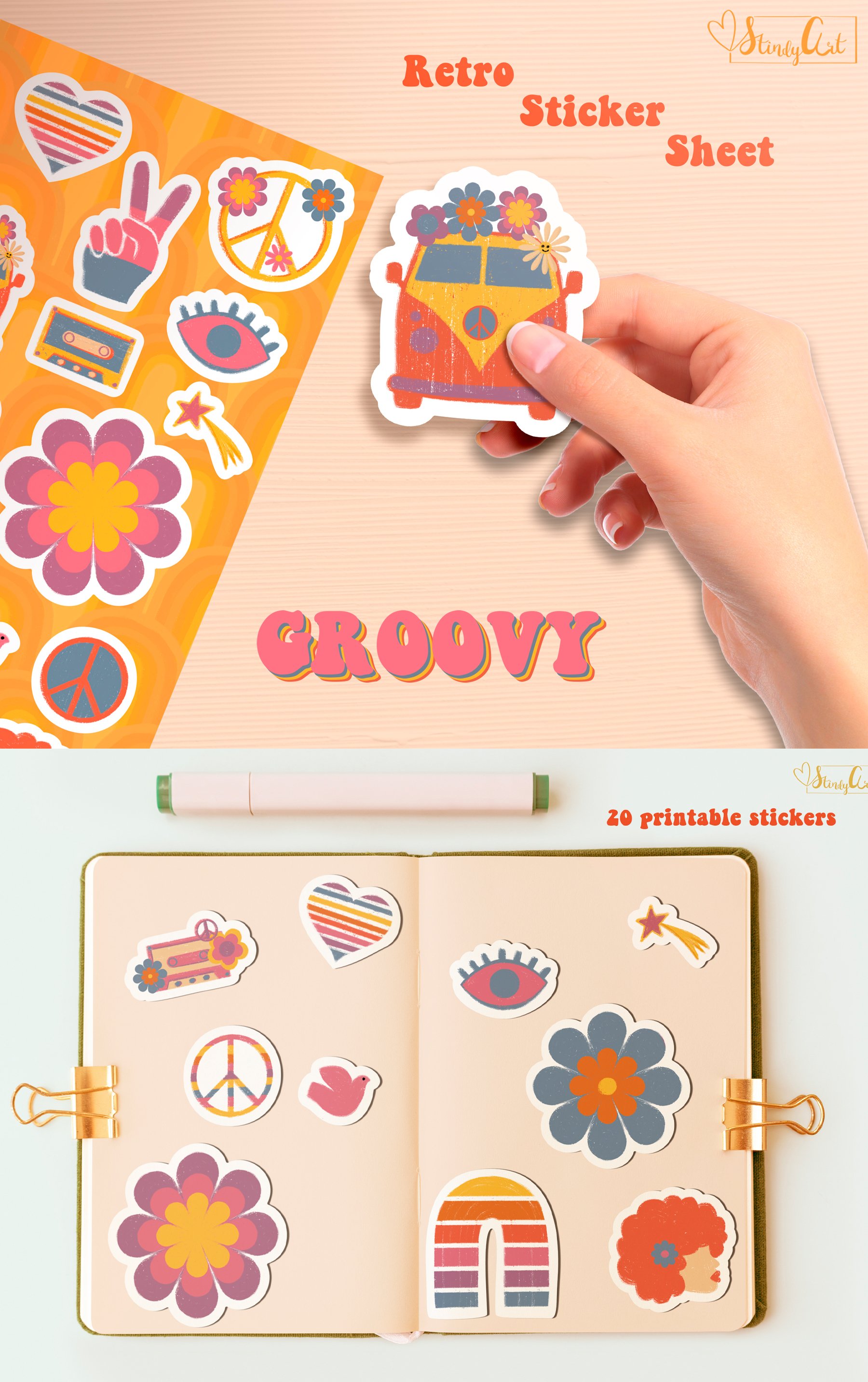 70s retro digital stickers, groovy sticker sheet