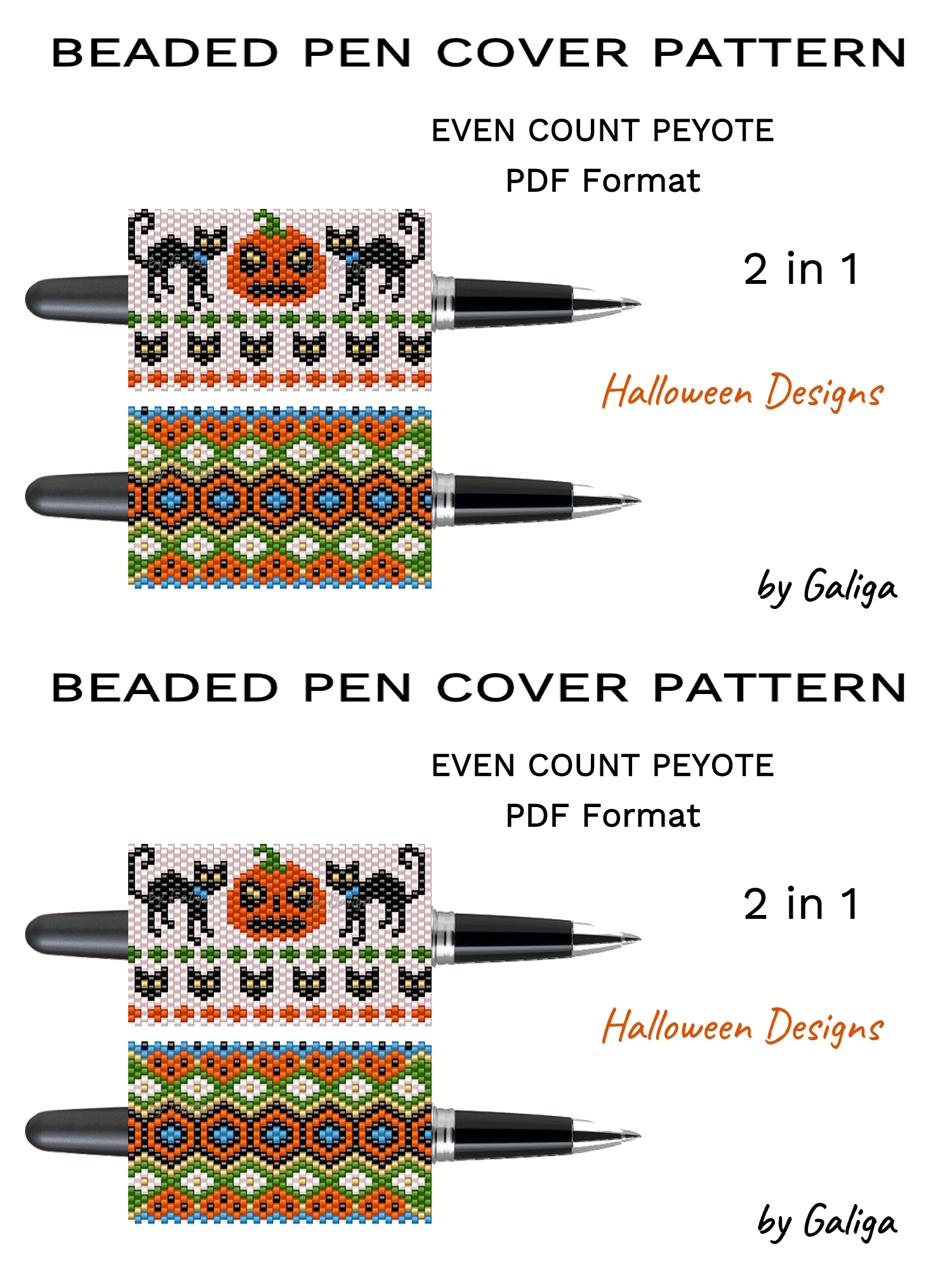 Beaded Pen Cover Patterns 2 in 1, Halloween Cats & Pumpkins
