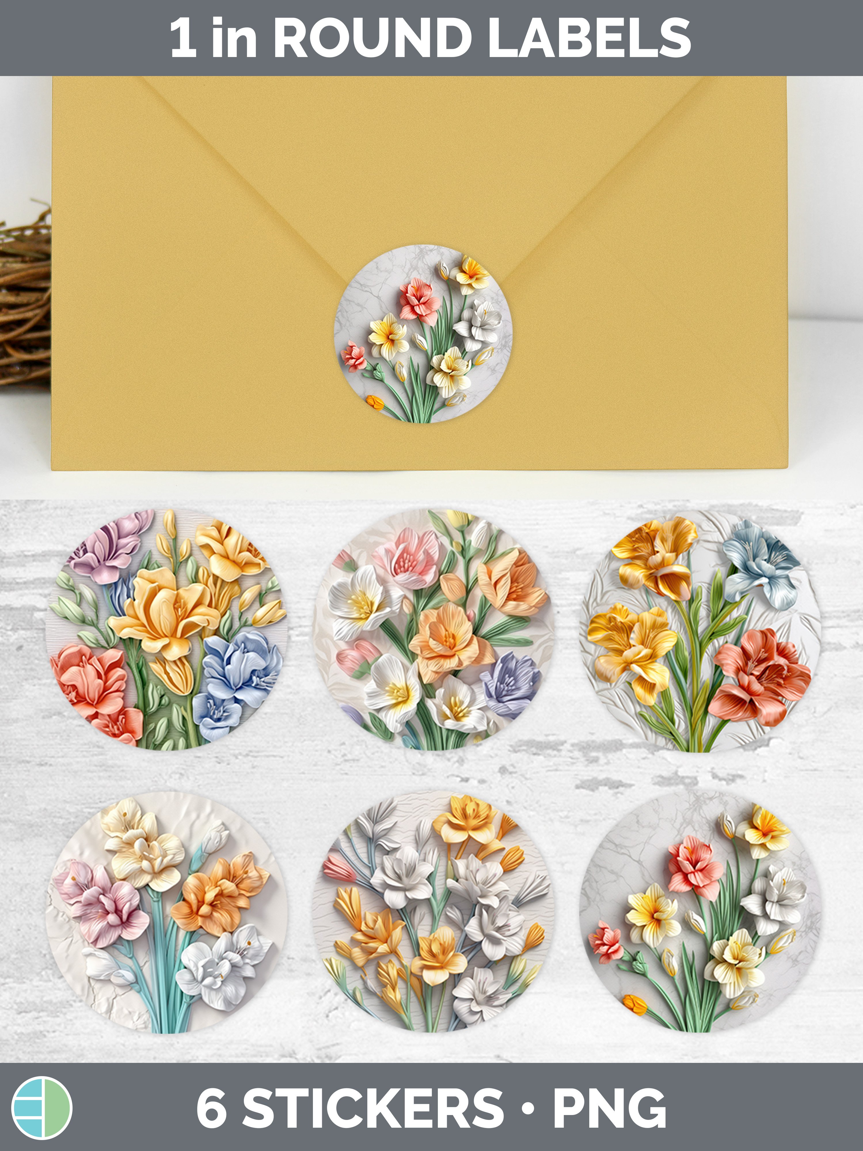 3D Freesia Flowers Stickers | Round Labels Designs Bundle