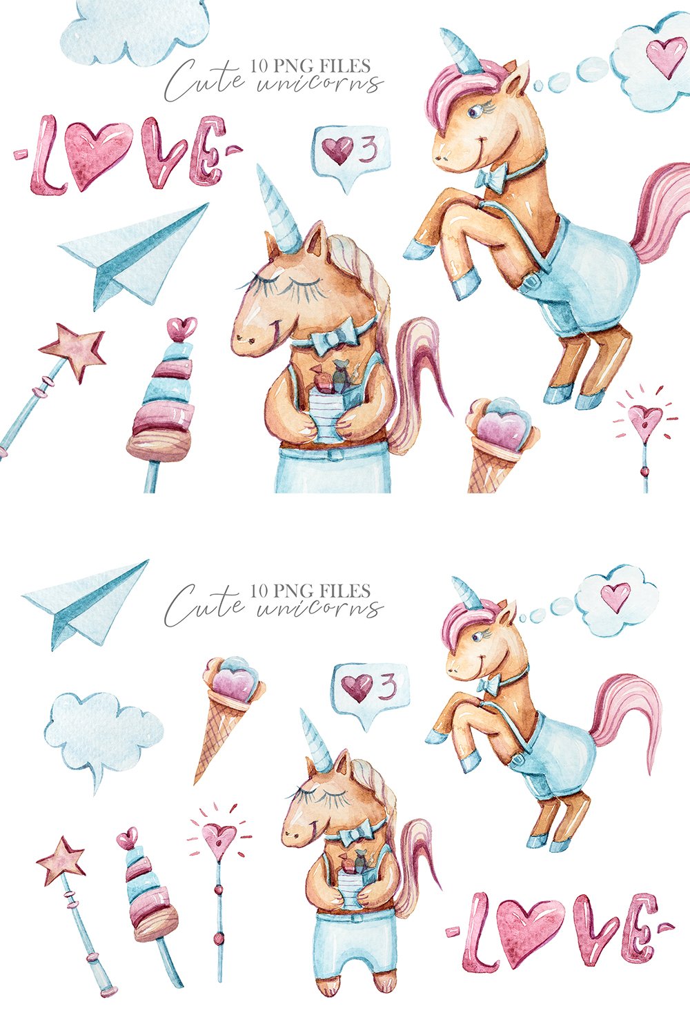 Watercolor cute unicorn clipart set- 10 png files