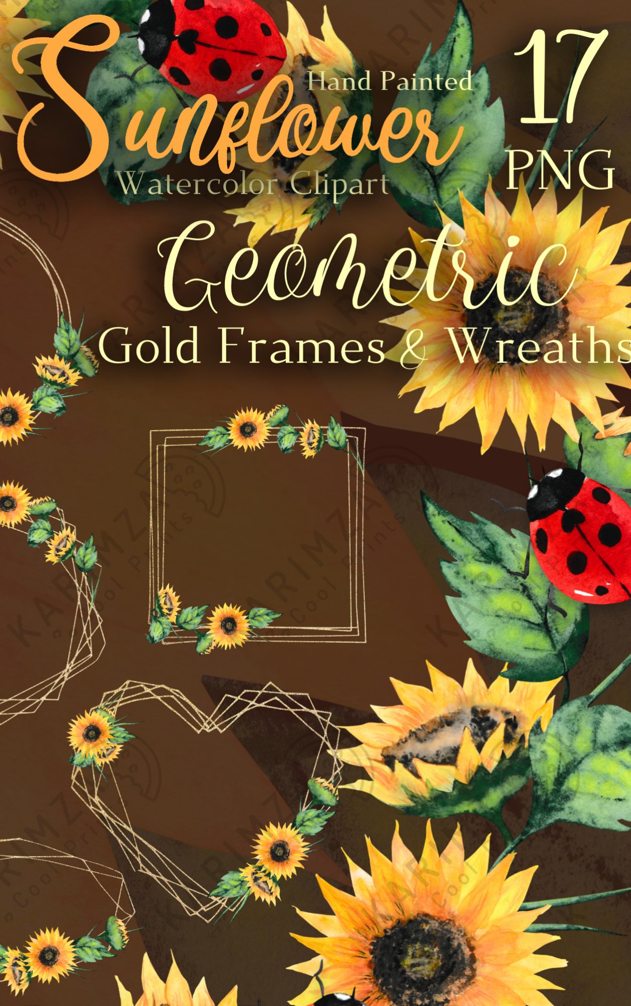 SUNFLOWER FRAME CLIPART, Geometric Gold frames