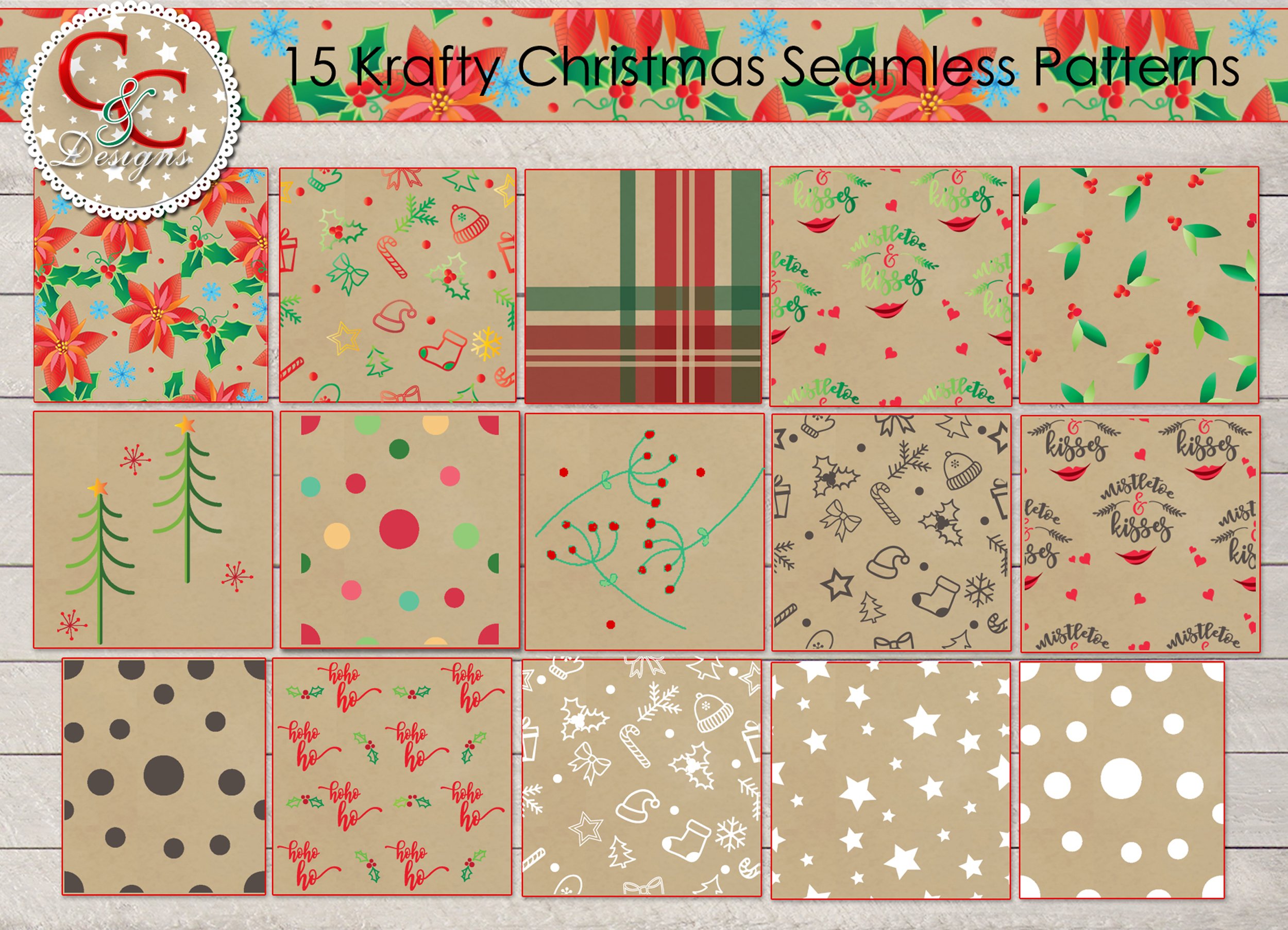 28 Krafty Christmas Papers- Plus 15 Seamless PNG Patterns