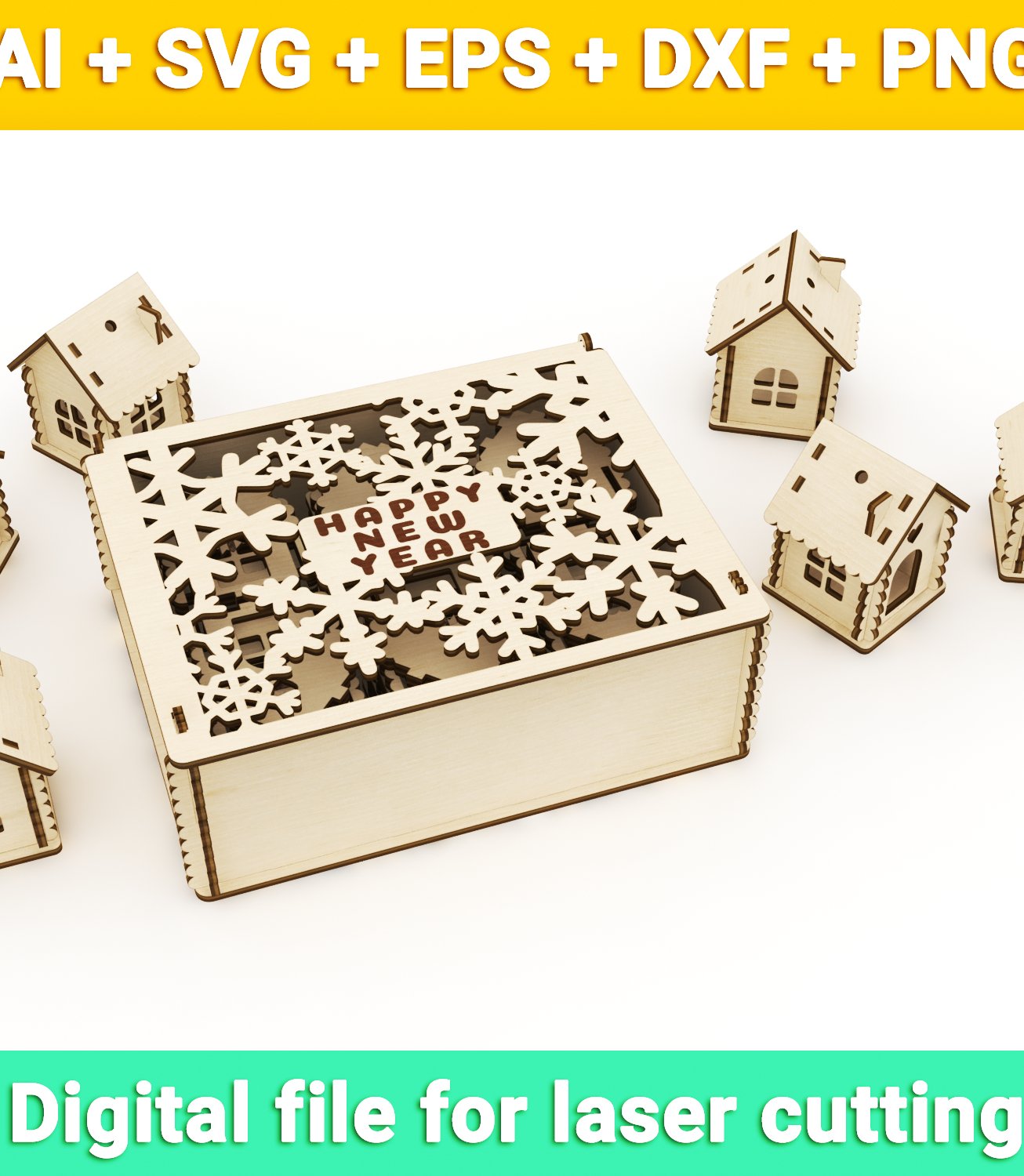 Set of houses on the Christmas tree vector for CNC svg