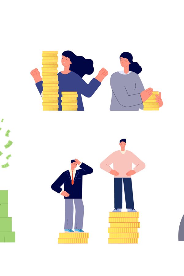 Wage inequality. Woman man salary gap, corporate working. Bu