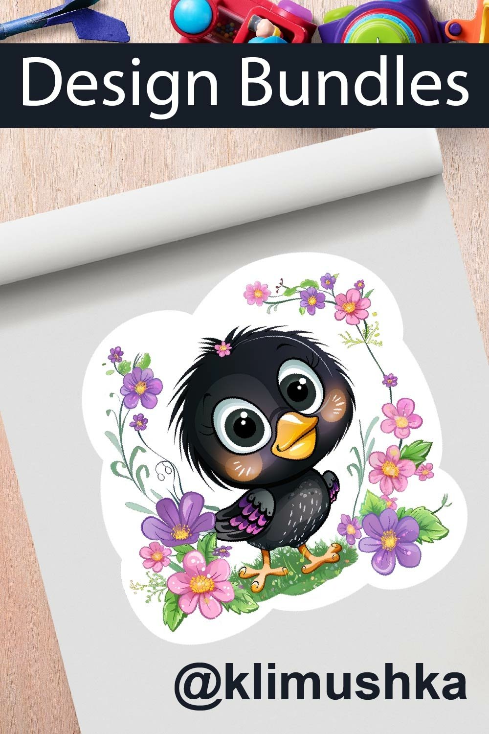 Cute small bird in flowers sticker|Printable Sticker Sheet
