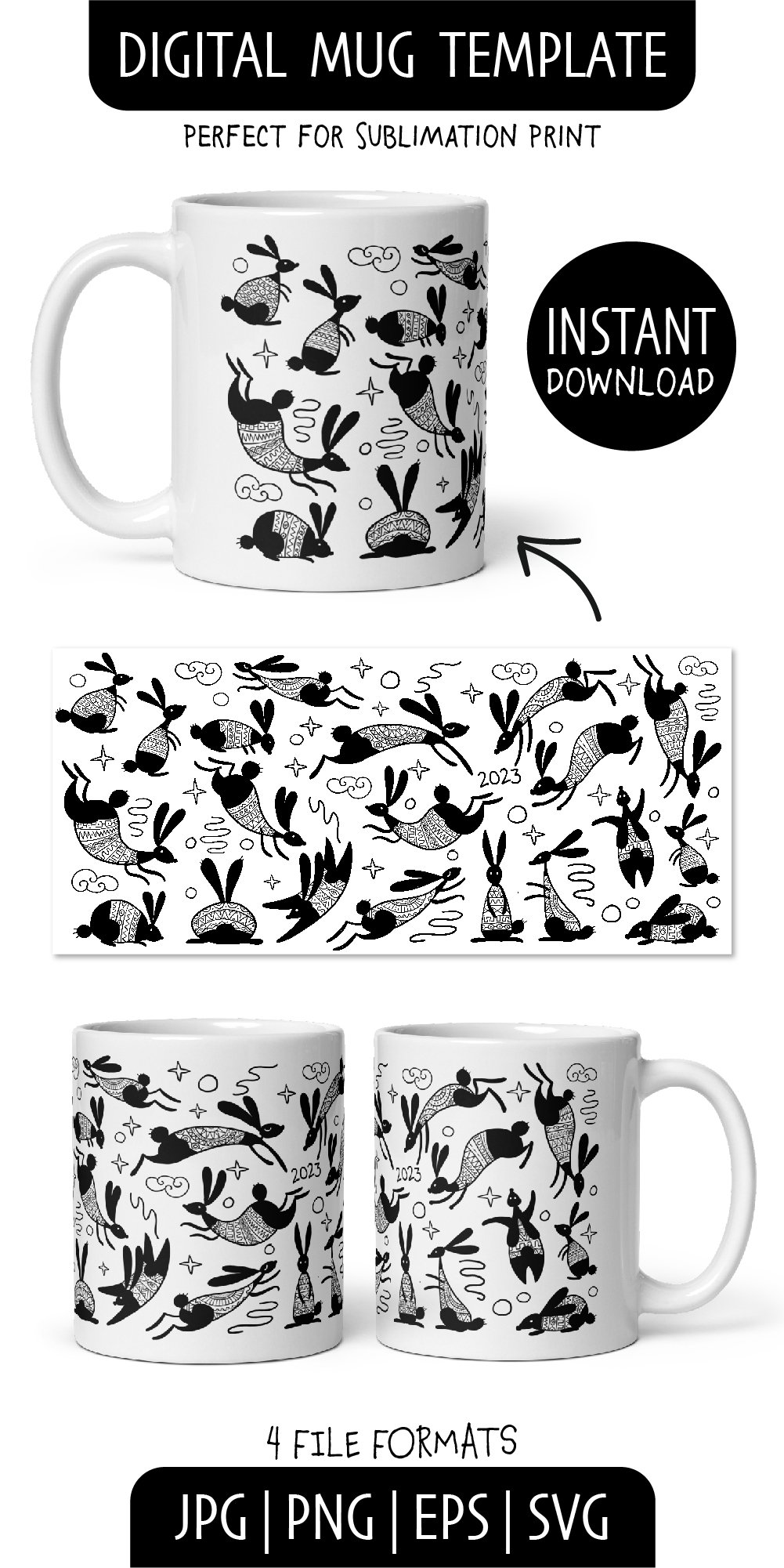Rabbits new year coffee Mug, digital template for download
