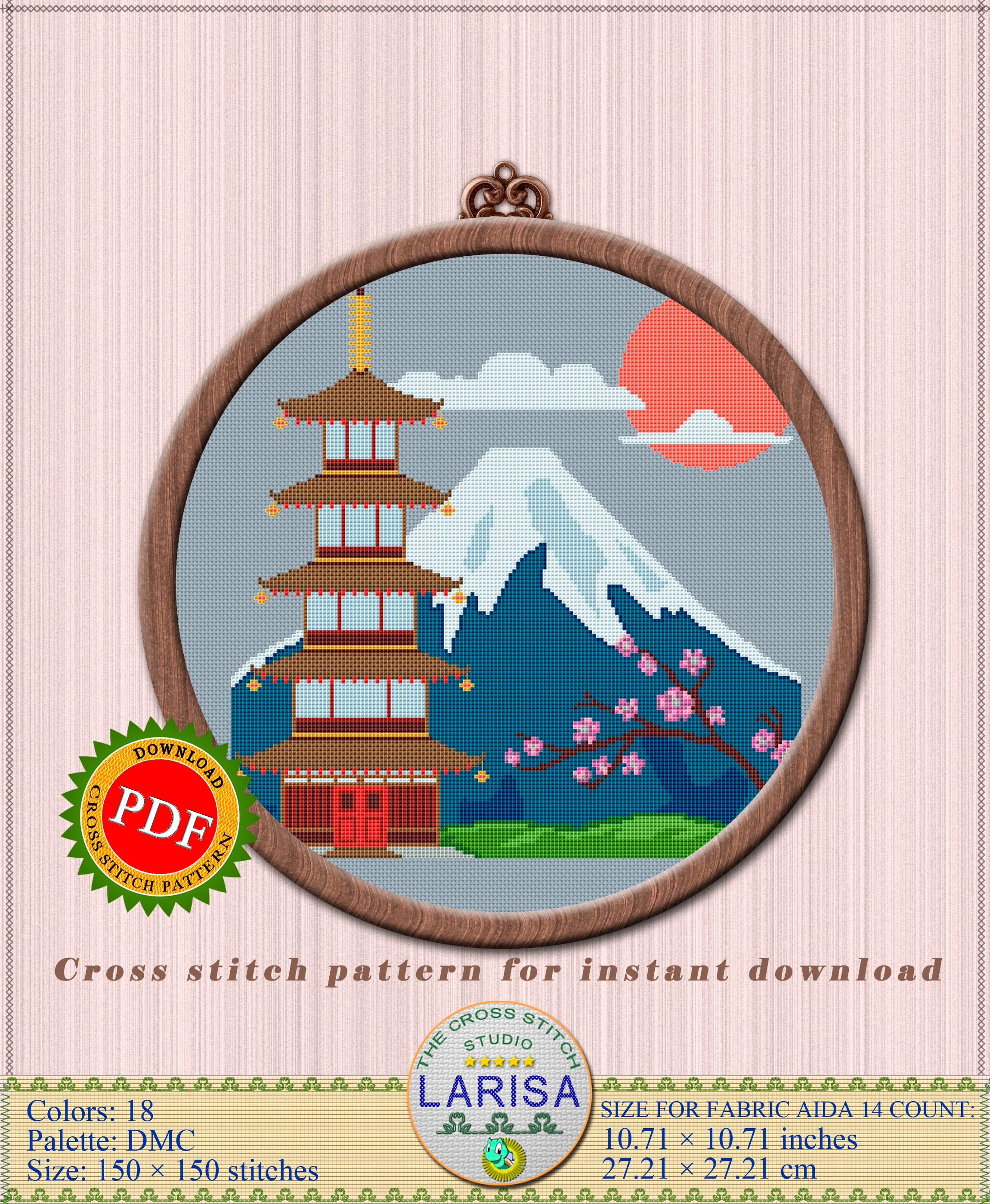 Pagoda cross stitch pattern | Mount Fuji | Japanese pagoda