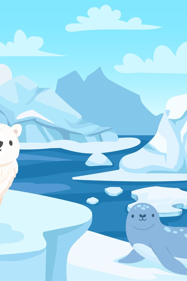 Cartoon arctic landscape with animals. White bears and pengu