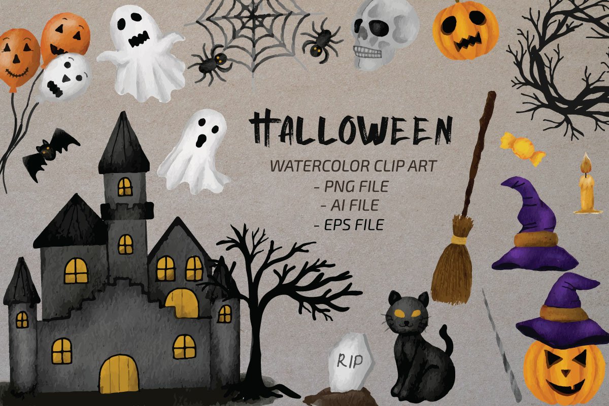 Halloween Watercolor Clipart Set PNG