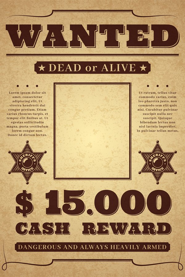 Wanted poster. Old distressed western criminal vector templa