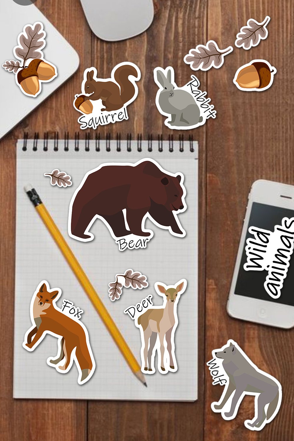 A set of stickers with forest animals, signatures and acorns