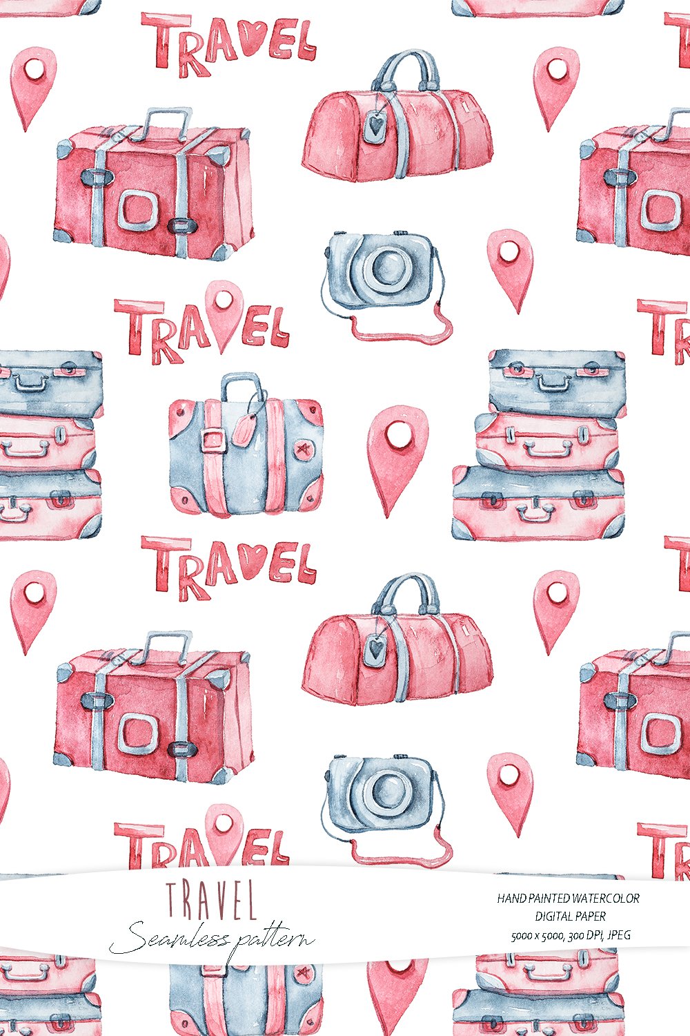 Watercolor travel seamless pattern, digital paper pack