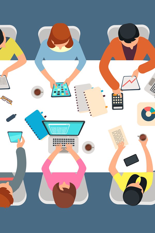 Managed team in office meeting at table top view vector illu