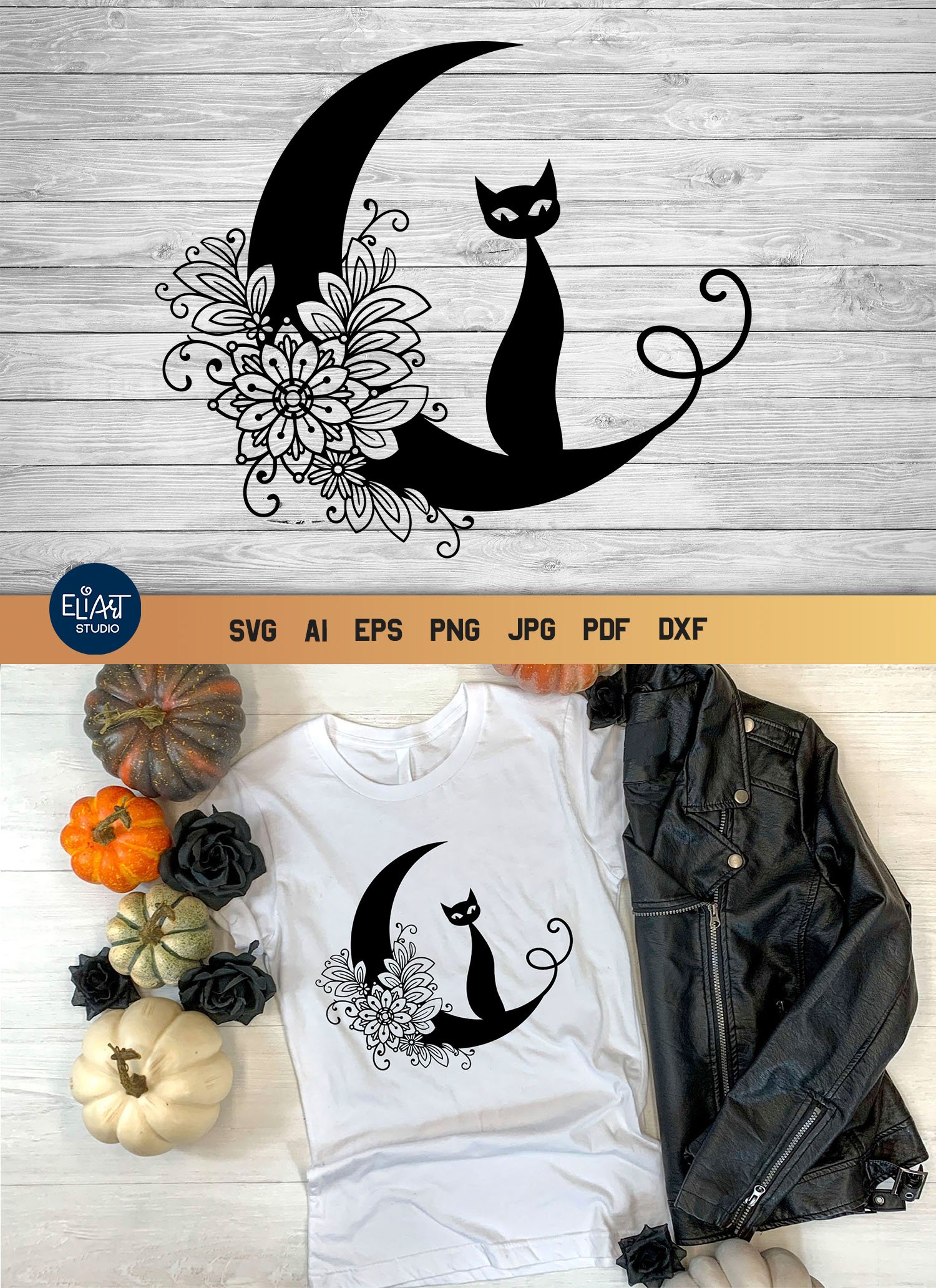 Moon SVG | Celestial SVG Floral Crescent Moon | Cat SVG