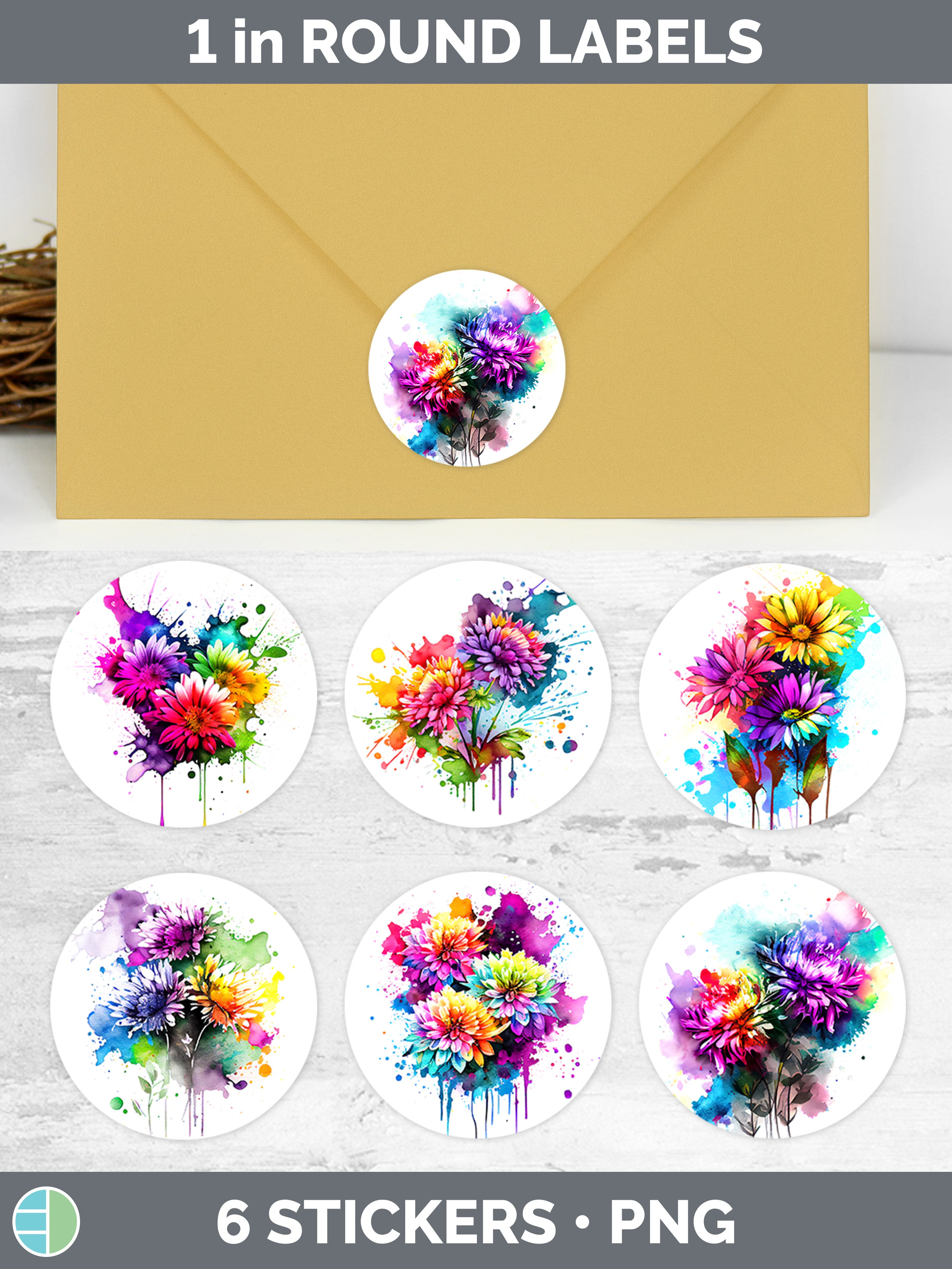 Rainbow Aster Flowers Stickers | Round Labels Designs Bundle