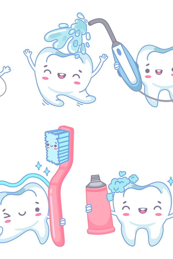 Cartoon dental care. Teeth cleaning with toothpaste and toot