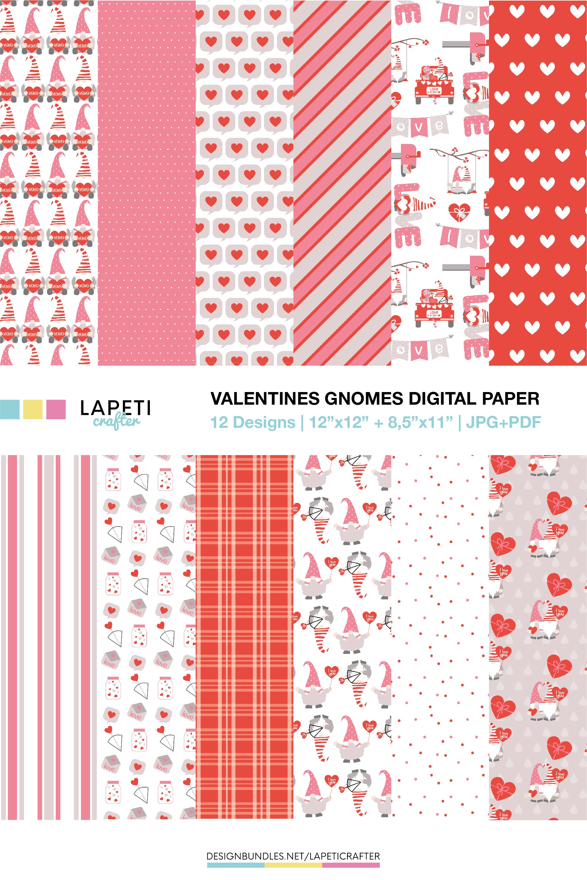 Valentines Gnomes digital paper pack| 12x12 & Letter size