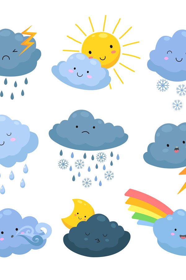 Cartoon weather clouds. Rain, snow elements. Heavenly cloudy