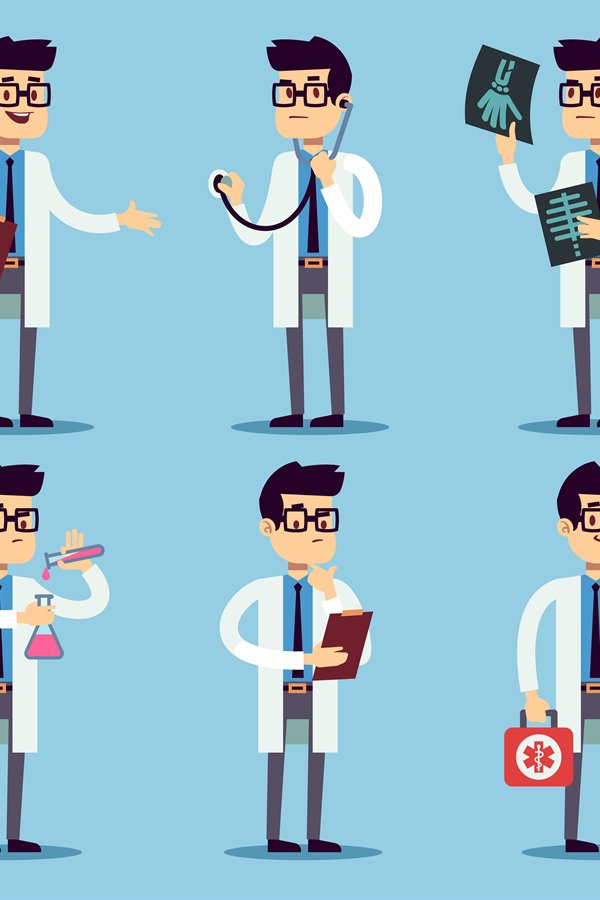 Doctor, chemist, pharmacist, surgeon man cartoon characters