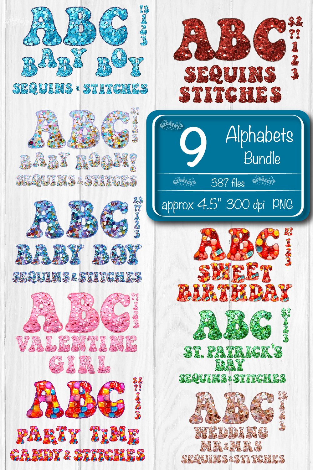 Glitter Alphabet PNG Bundle Letters Numbers Symbols Stitches