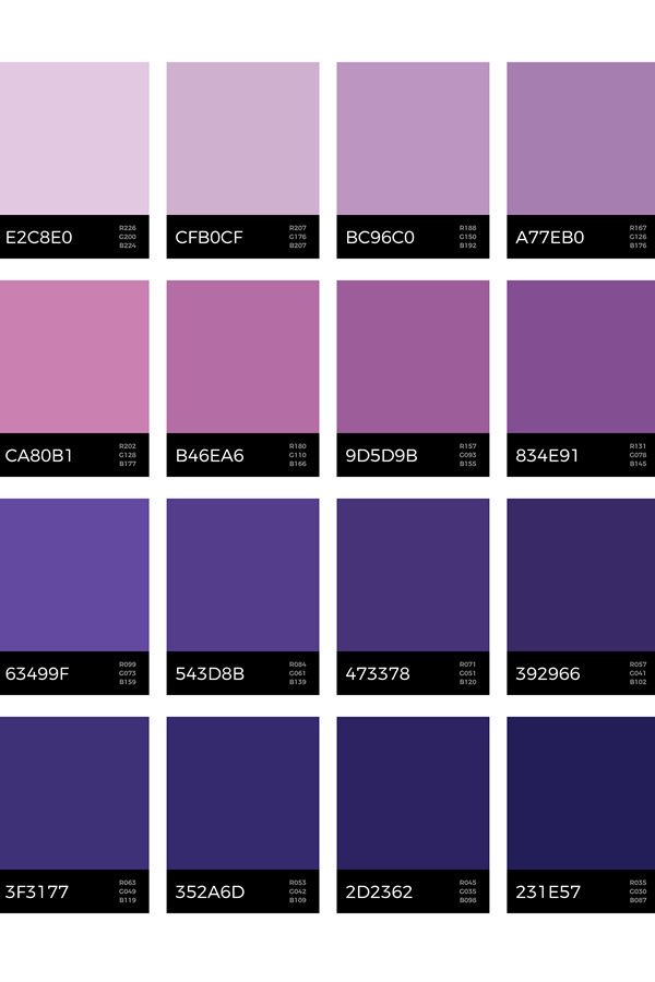Trendy ultra violet swatches. New season fashion lavender co