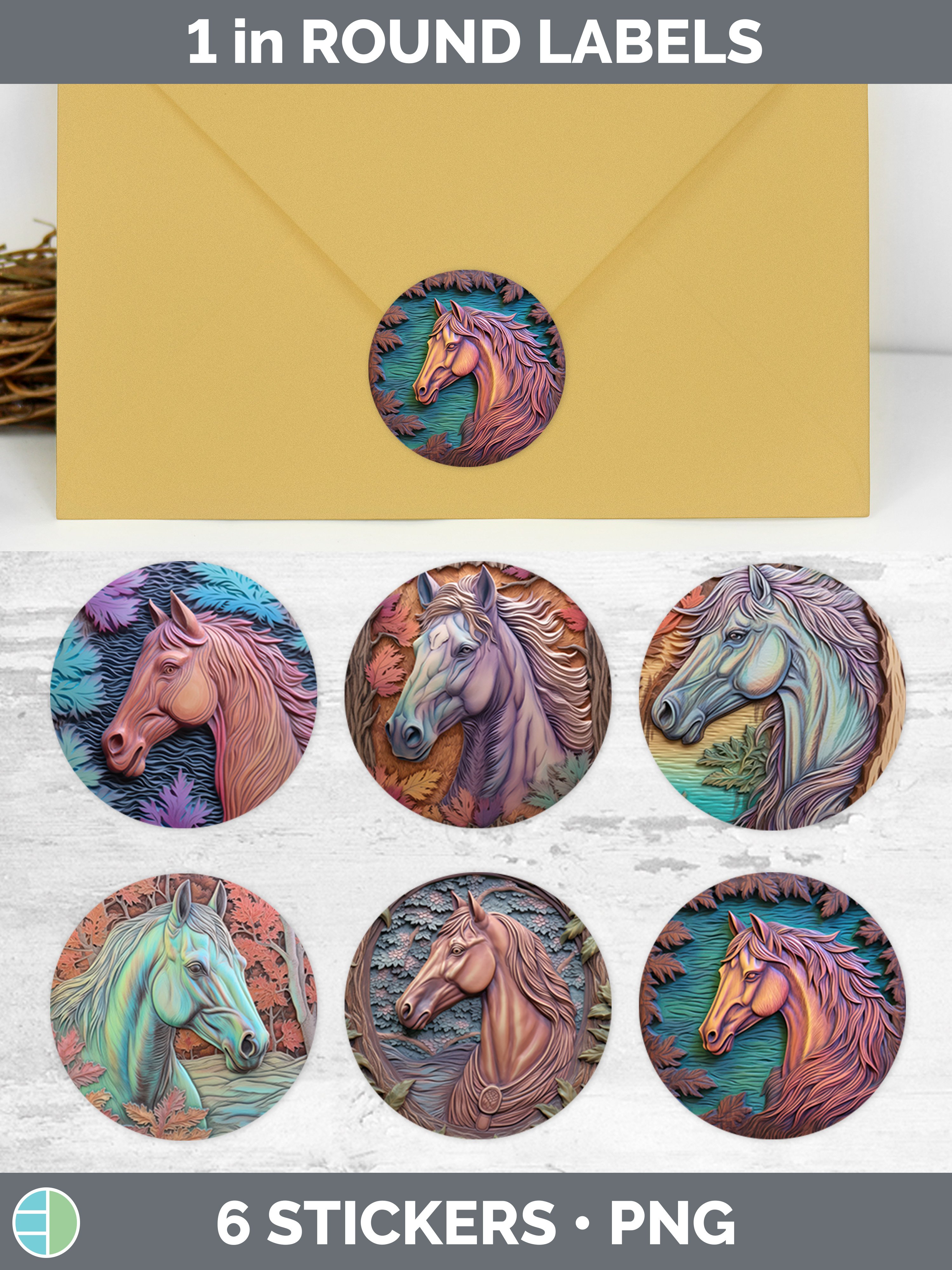 3D Horse Stickers | Round Labels Designs Bundle