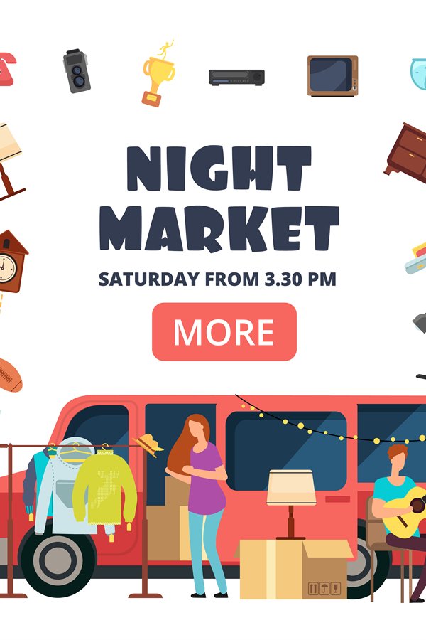Night market, street bazaar invitation poster. Flea markets