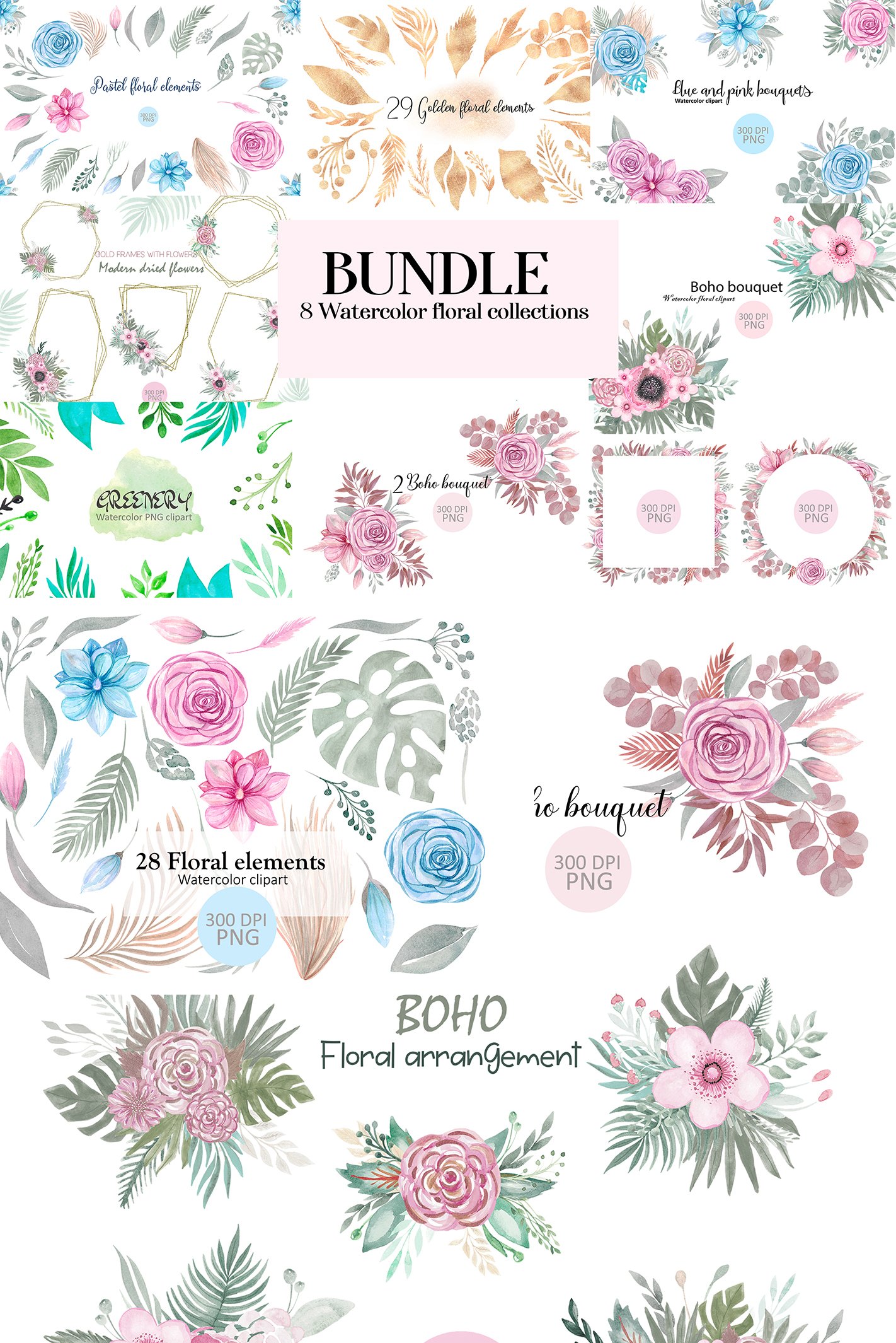 Floral clipart Bundle. Watercolor flowers collection