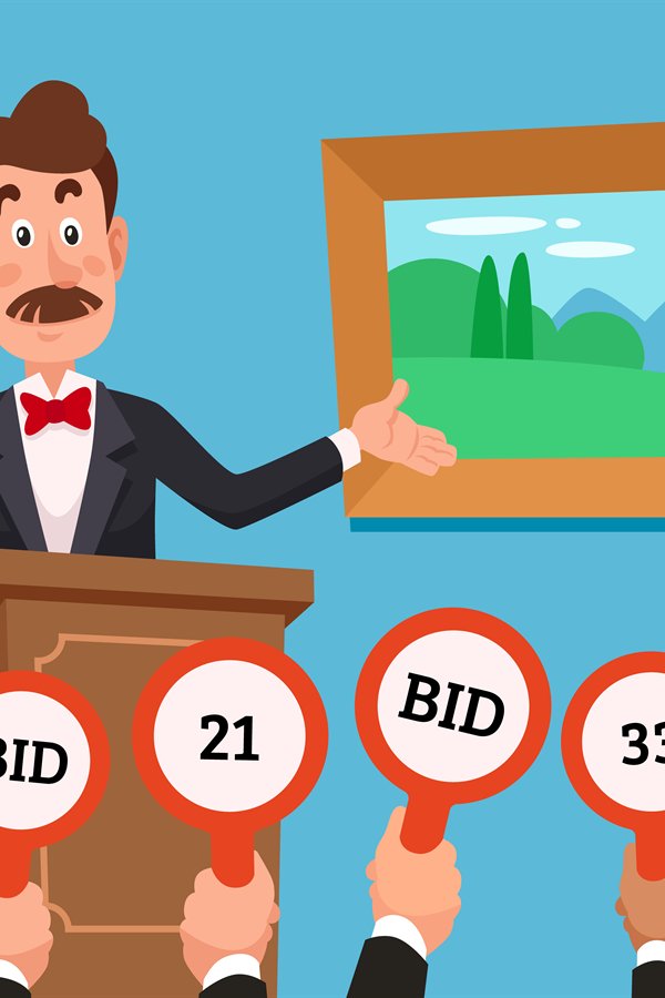 Man on stand leading auction hold gavel. People make bets on