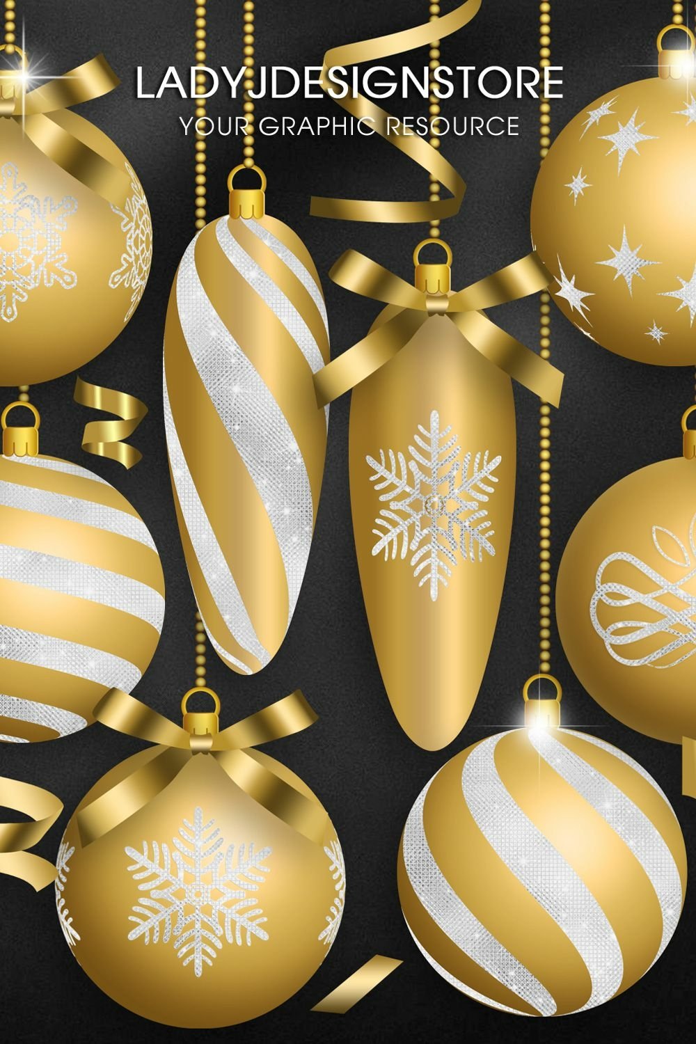 Gold and White Christmas Ornaments Clipart, Christmas Balls