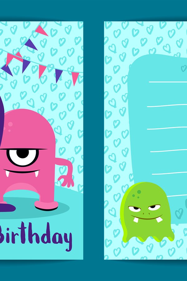 Vector happy birthday cards with cute monsters, (779590)