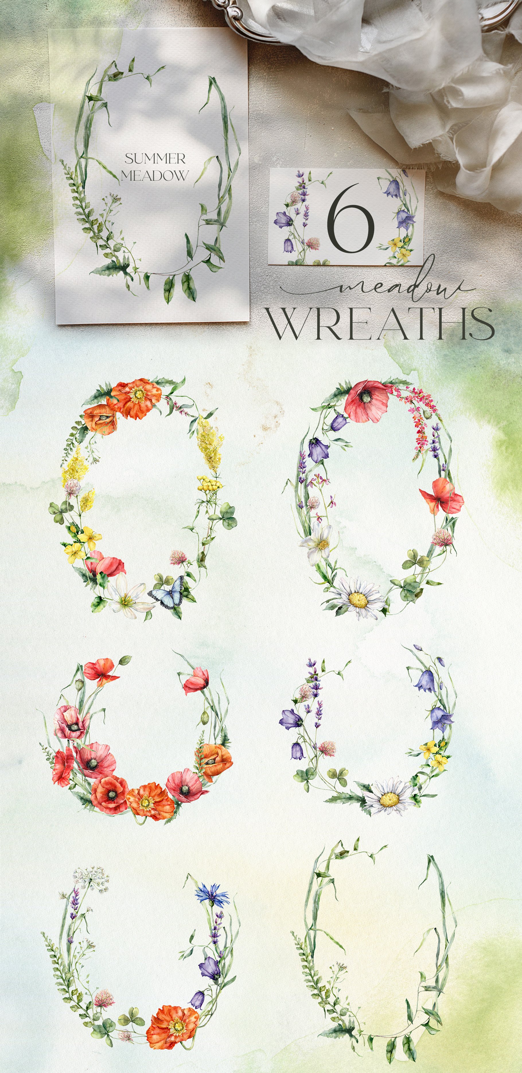 6 flower wildflower watercolor wreaths PNG illustrations