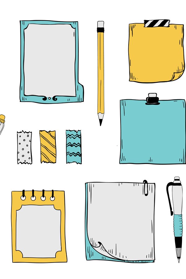 Doodle sticky notes. Notepad paper sheets and stickers with