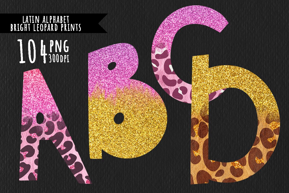 Latin alphabet with glitters and leopard print