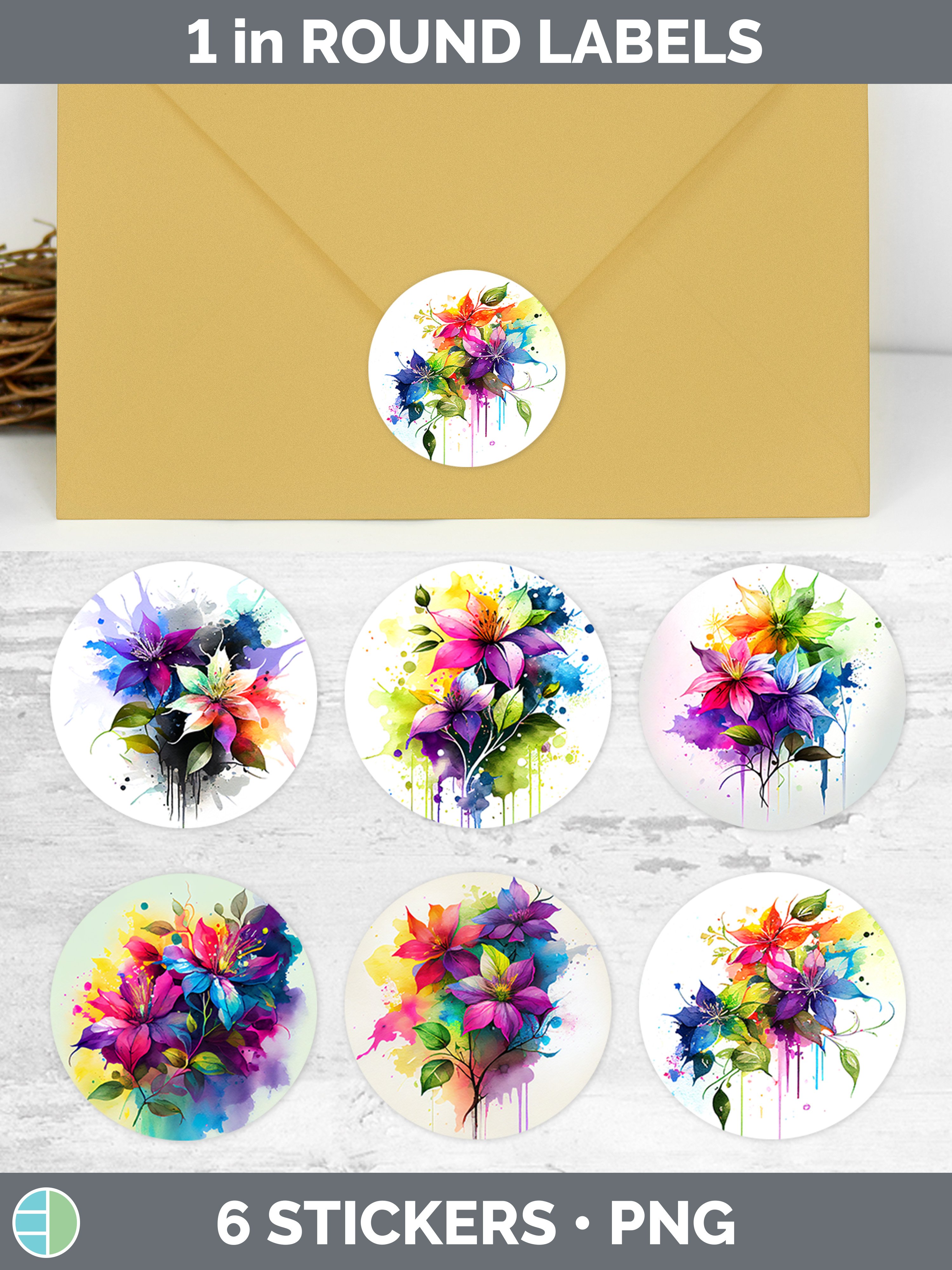 Rainbow Clematis Flowers Stickers | Round Labels Designs Bun