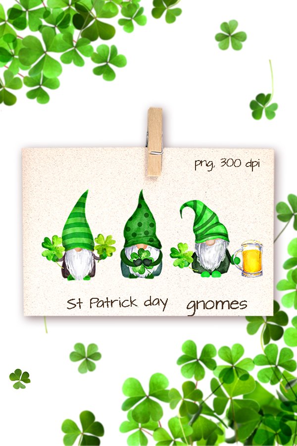 Saint Patrick gnomes, lucky clover. PNG watercolor bundle