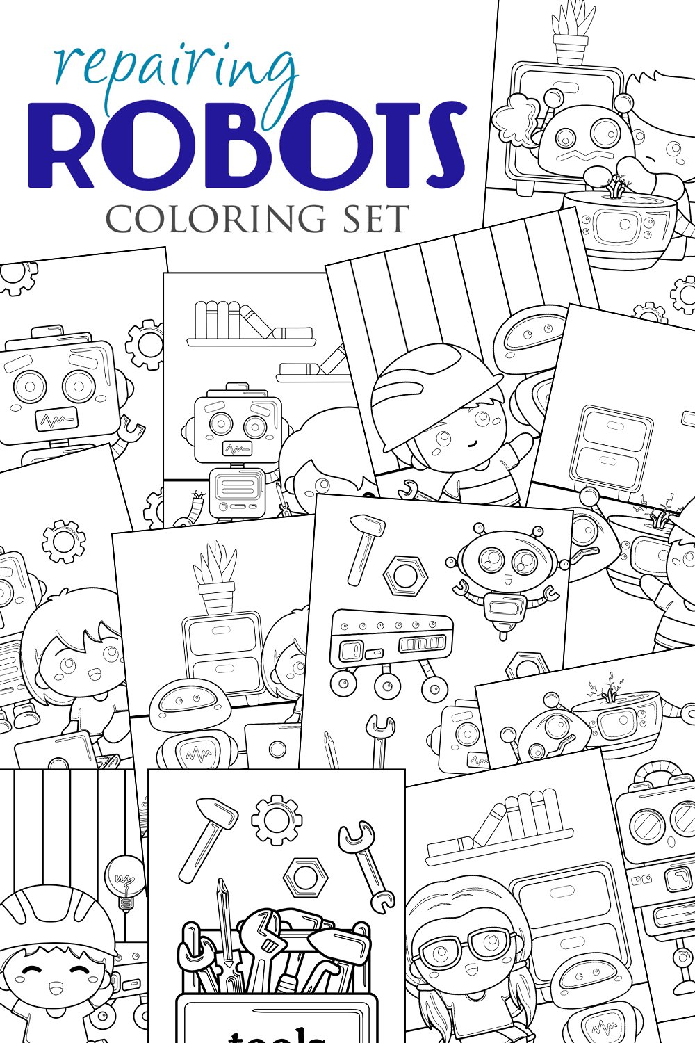 Cute Kids Repairing Robots Science Machine Coloring Set