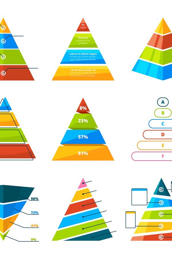 Set of different triangles and pyramids with levels. Vector
