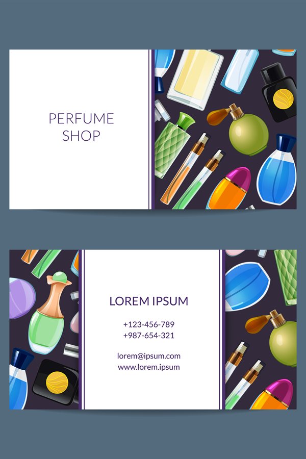 Vector perfume bottles business card for fragrance shop illu