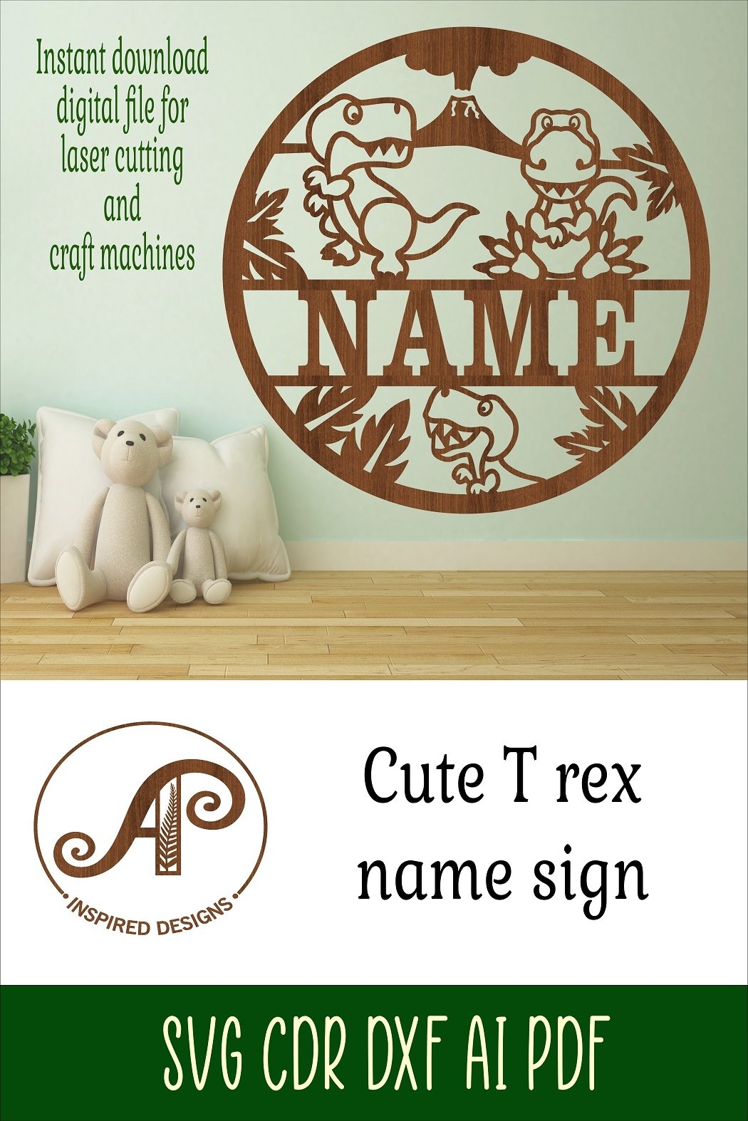 Cute T Rex name sign svg laser cut template