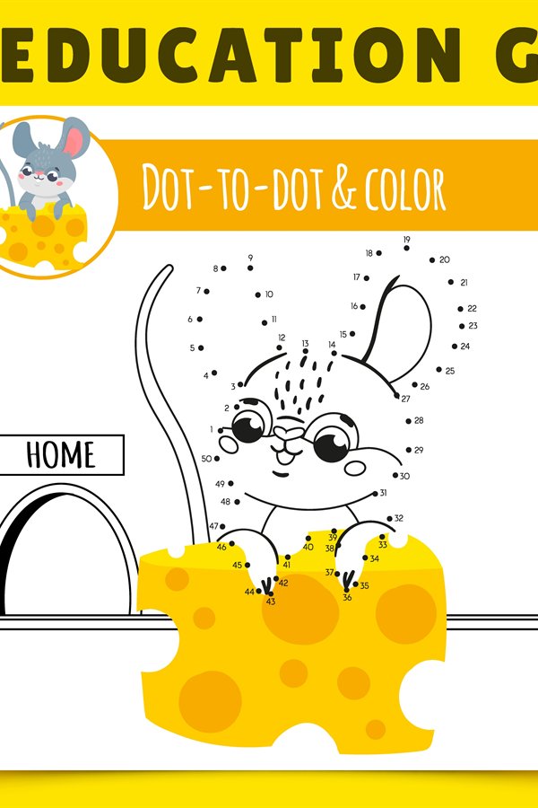 Mouse kids games. Coloring game, mouse find cheese maze and