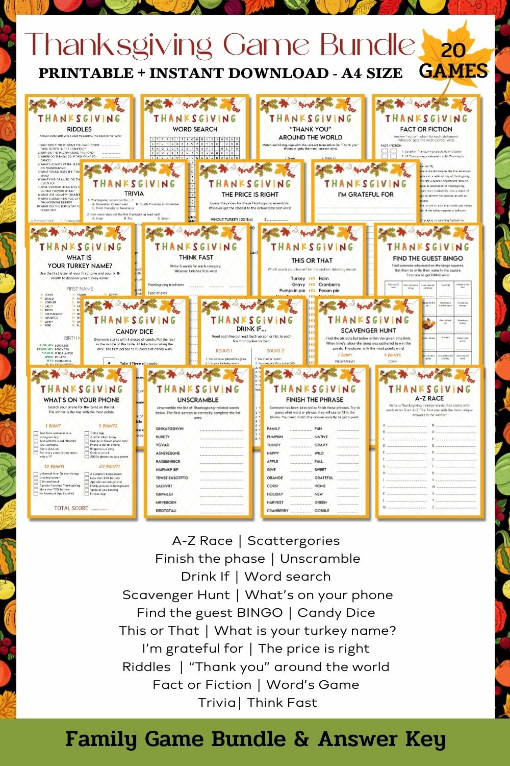 Thanksgiving Party game bundle - 20 Games